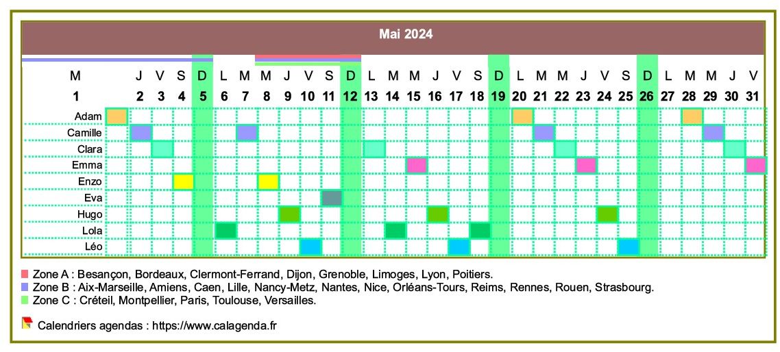 Calendrier planning horizontal mensuel