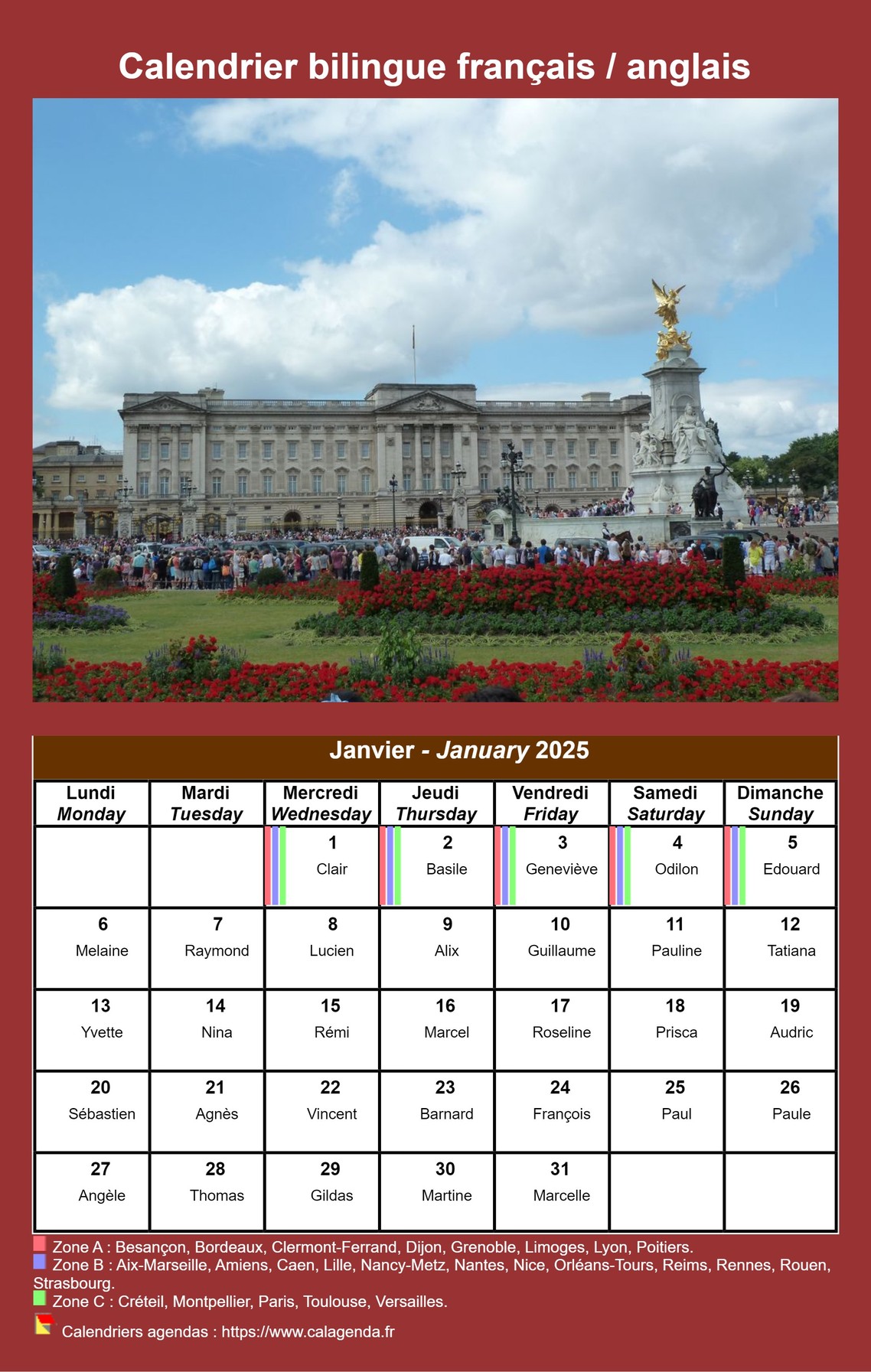 Calendrier bilingue français / anglais